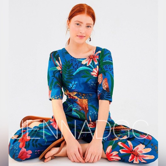 Anthropologie | Pants & Jumpsuits | Farm Rio Blue Jungle Linen Jumpsuit ...